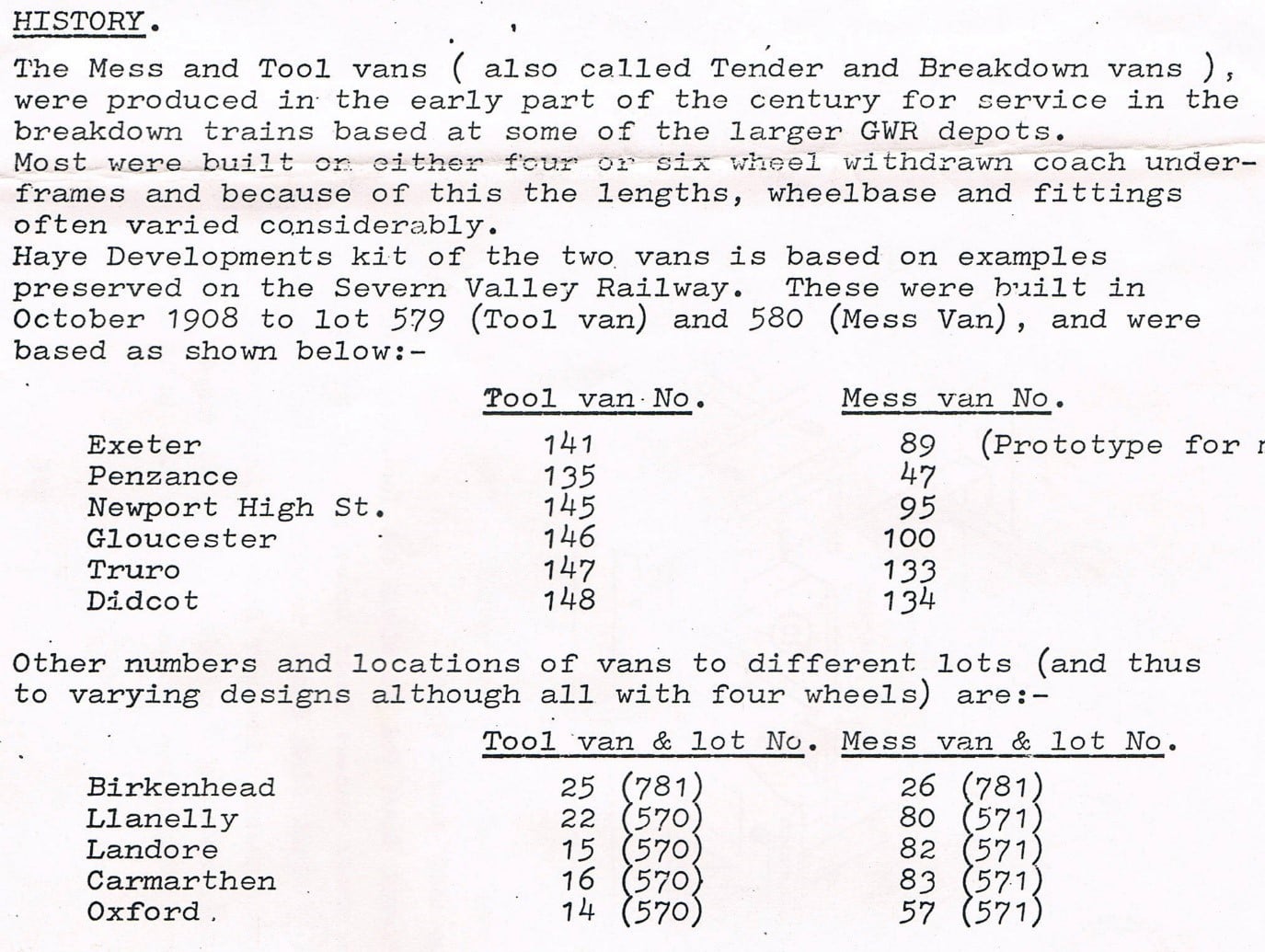 Allocations - Breakdown Mess and Tool Vans - GWR Rolling Stock: model ...